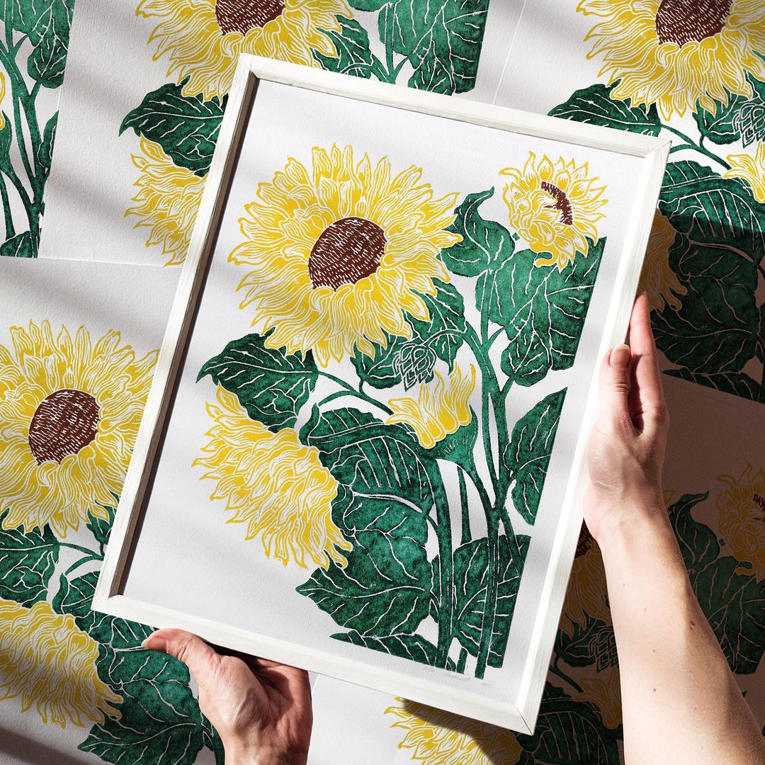 Yellow Sunflower Linocut Print Original Relief Artwork Floral Wall Art ...