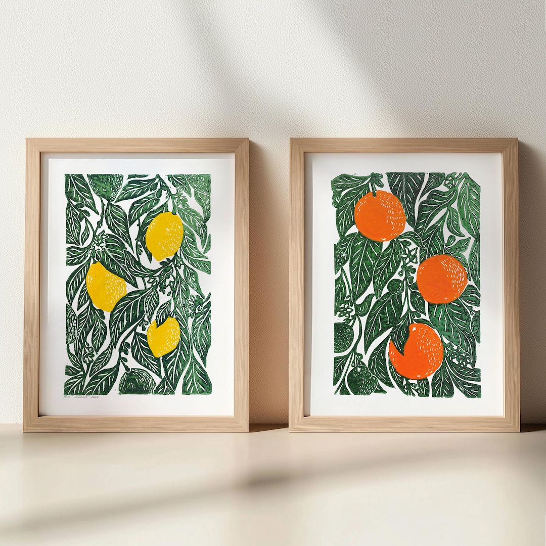 Gallery Wall Set of 2 Linocut Print Oranges Lemons Original Artwork ...
