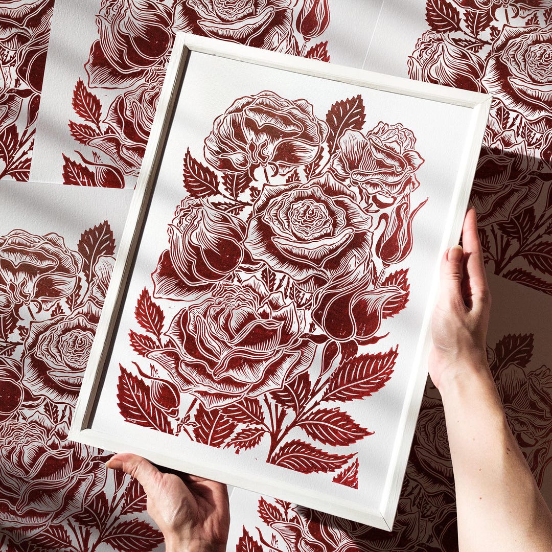 Linocut Print Burgundy Roses Flowers Fall Botanical Wall Art Original ...
