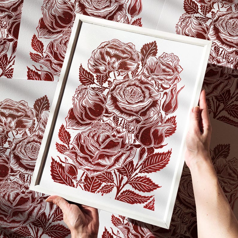 Linocut Print Burgundy Roses Flowers Botanical Maximalist Wall Art ...