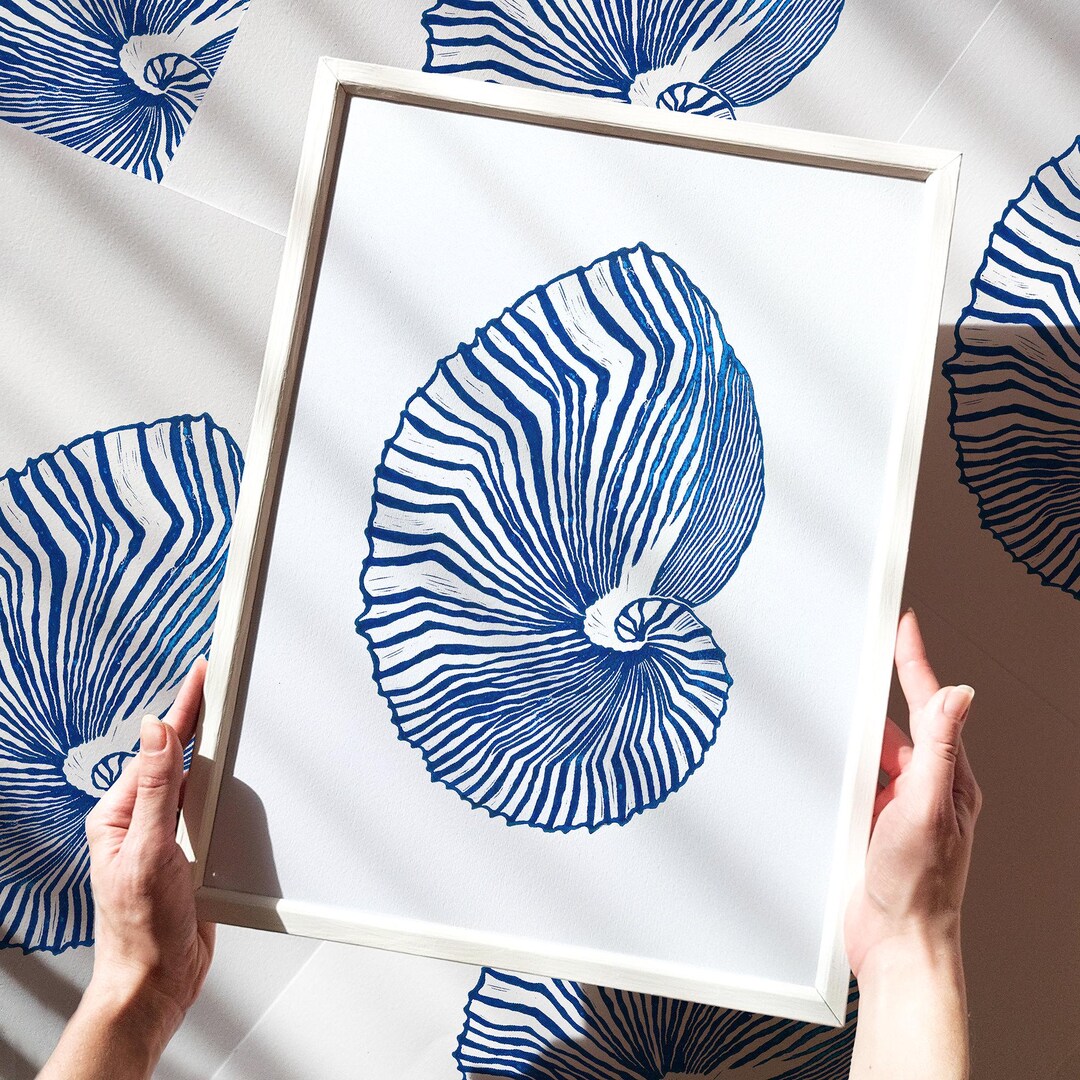 Abstract Blue Sea Shell Linocut Print Maritime Living Summer Wall Art ...