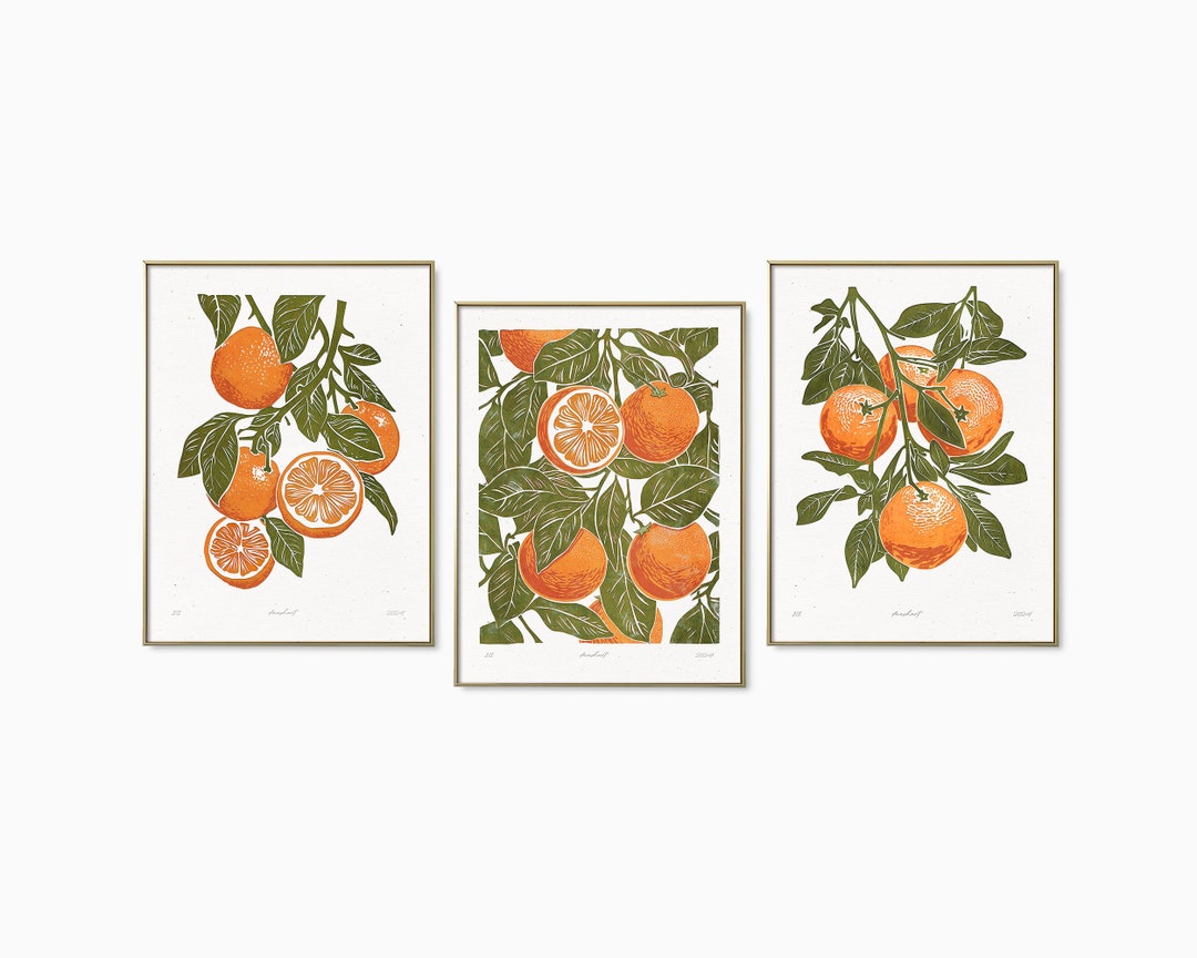 Printable Linocut Fruits Prints Vintage Sage Green Oranges Gallery Wall ...
