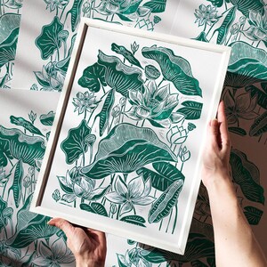 Blue Japanese Lotus Flower Plant Linocut Print Original Artwork Modern ...
