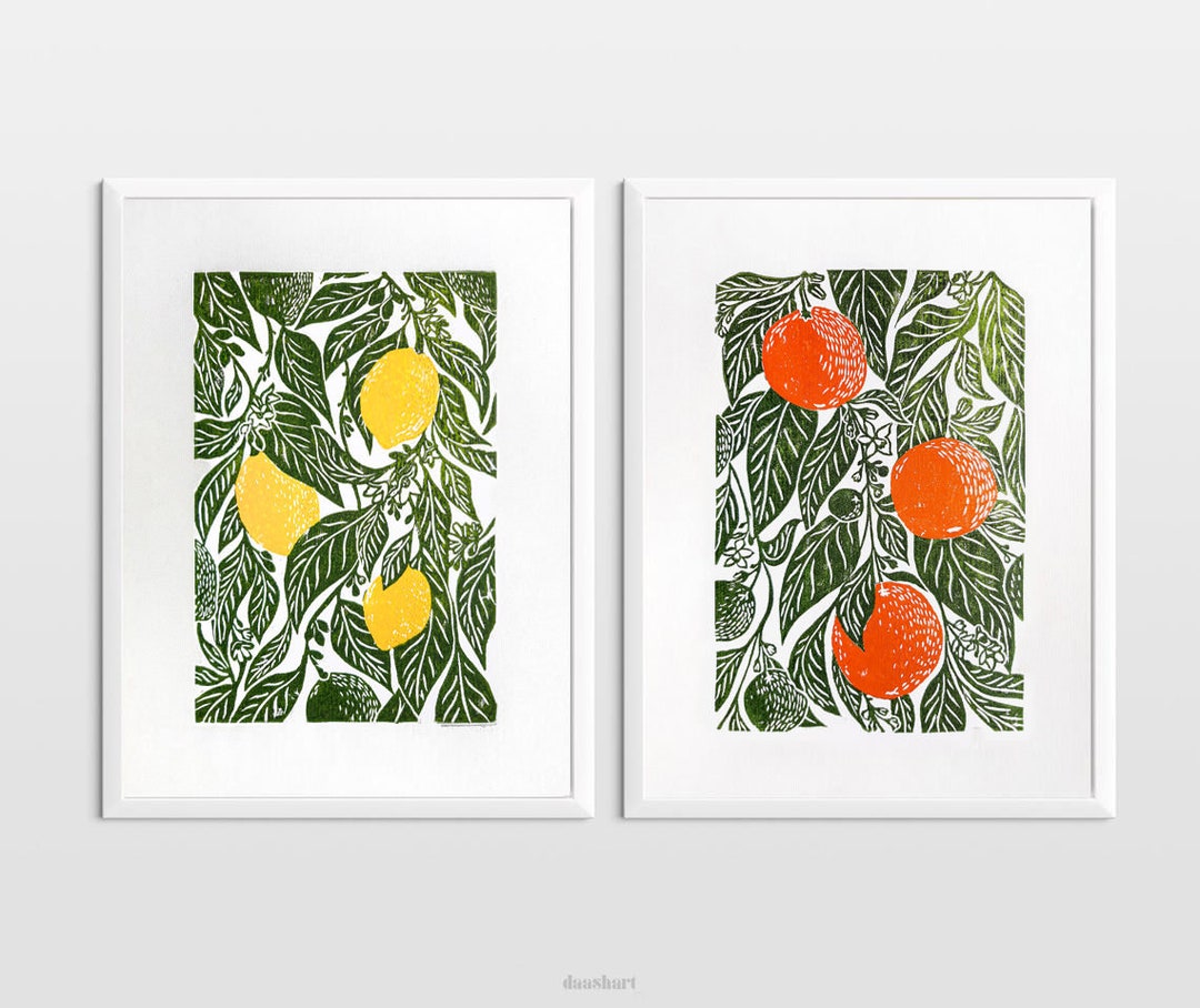 Set of 2 Prints Oranges and Lemons Original Linocut Print - Etsy