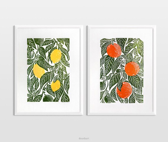 Wood & Linocut Prints Home Decor Handmade Lemons Lino Print Lemon Print ...