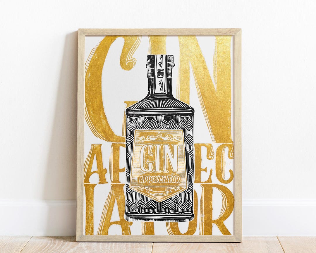 Gold Black Gin Bottle Appreciator Saying Linocut Print Original Relief ...