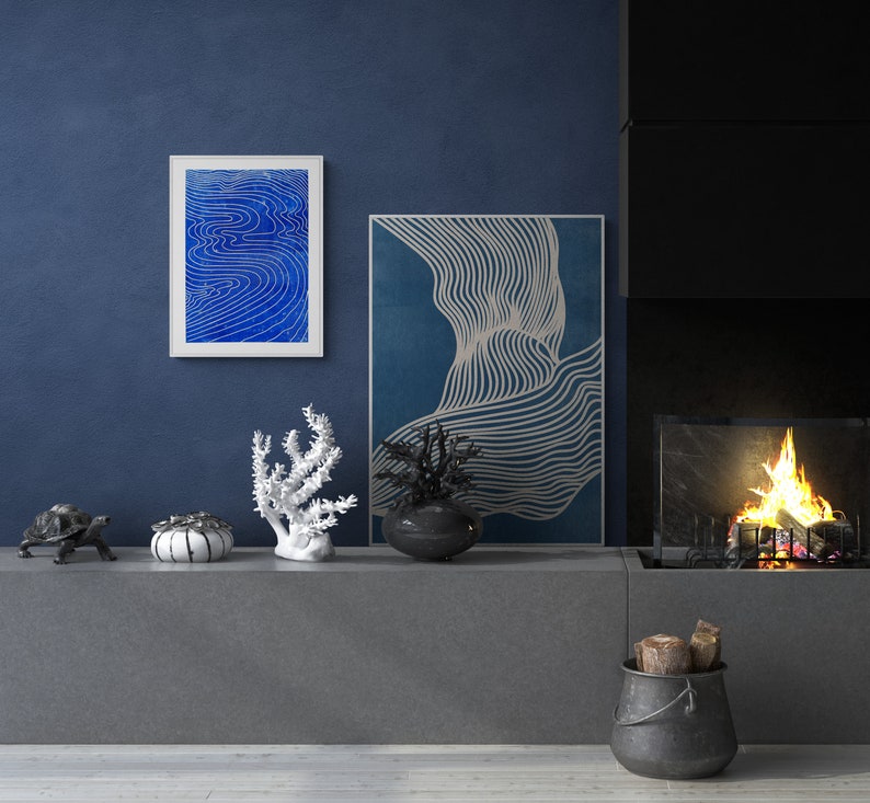 Navy Blue Poster Abstract Line Art Printable Trendy Living | Etsy