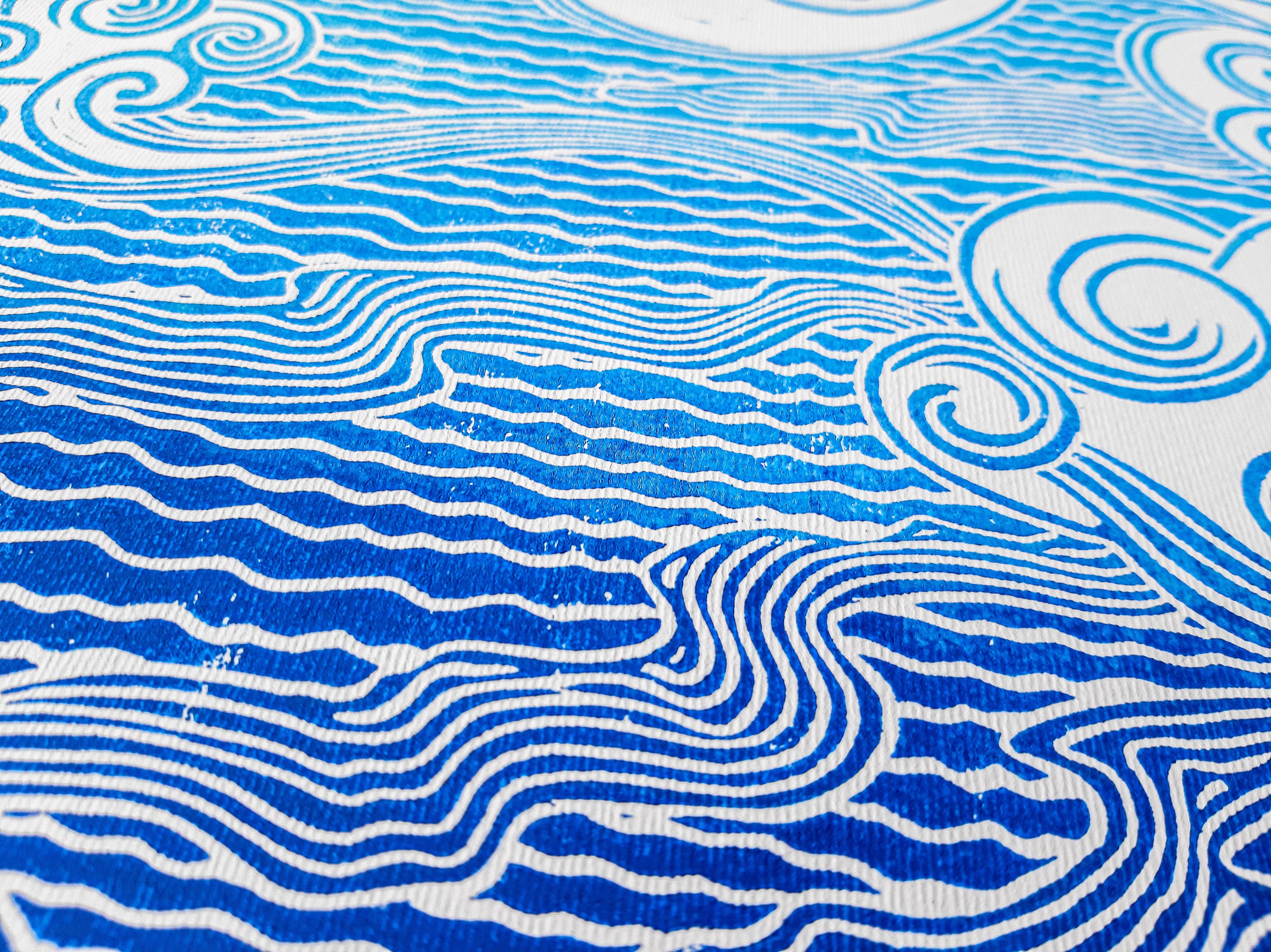 Linocut Print Blue Japanese Clouds Art Original Artwork | Etsy