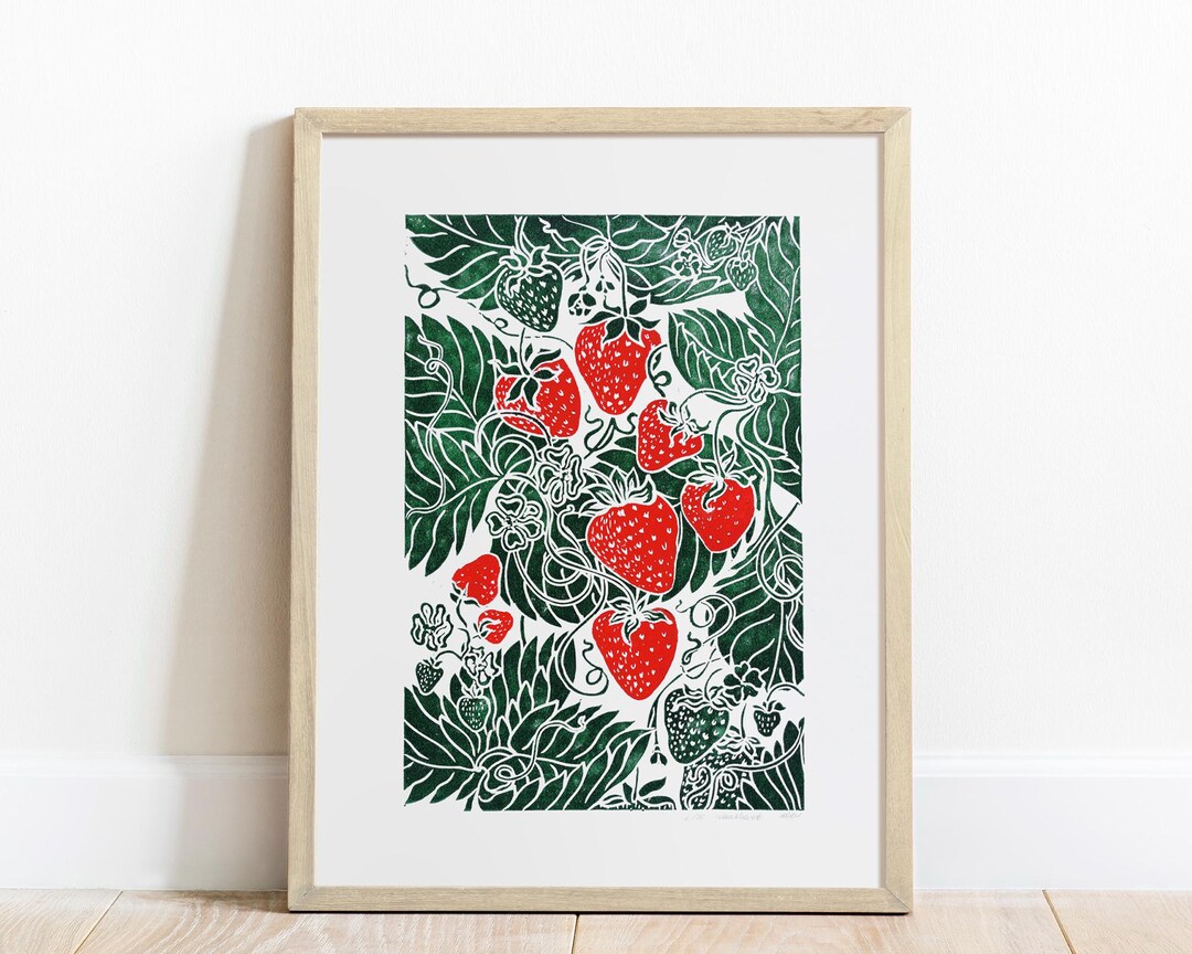 Strawberries Linocut Print Original Relief Artwork Botanical Berry Printmaking Summer Wall Art ...