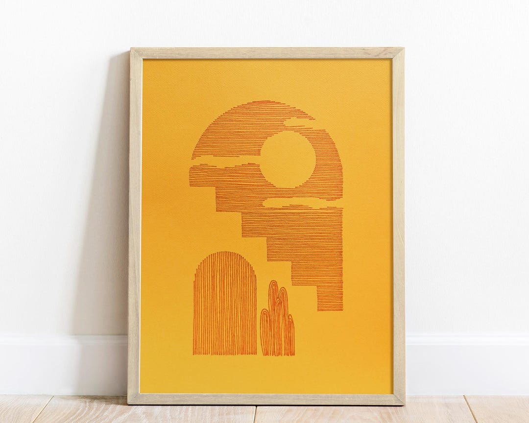 Original Line Drawing Yellow Abstract Southwestern Sun Cactuses and ...