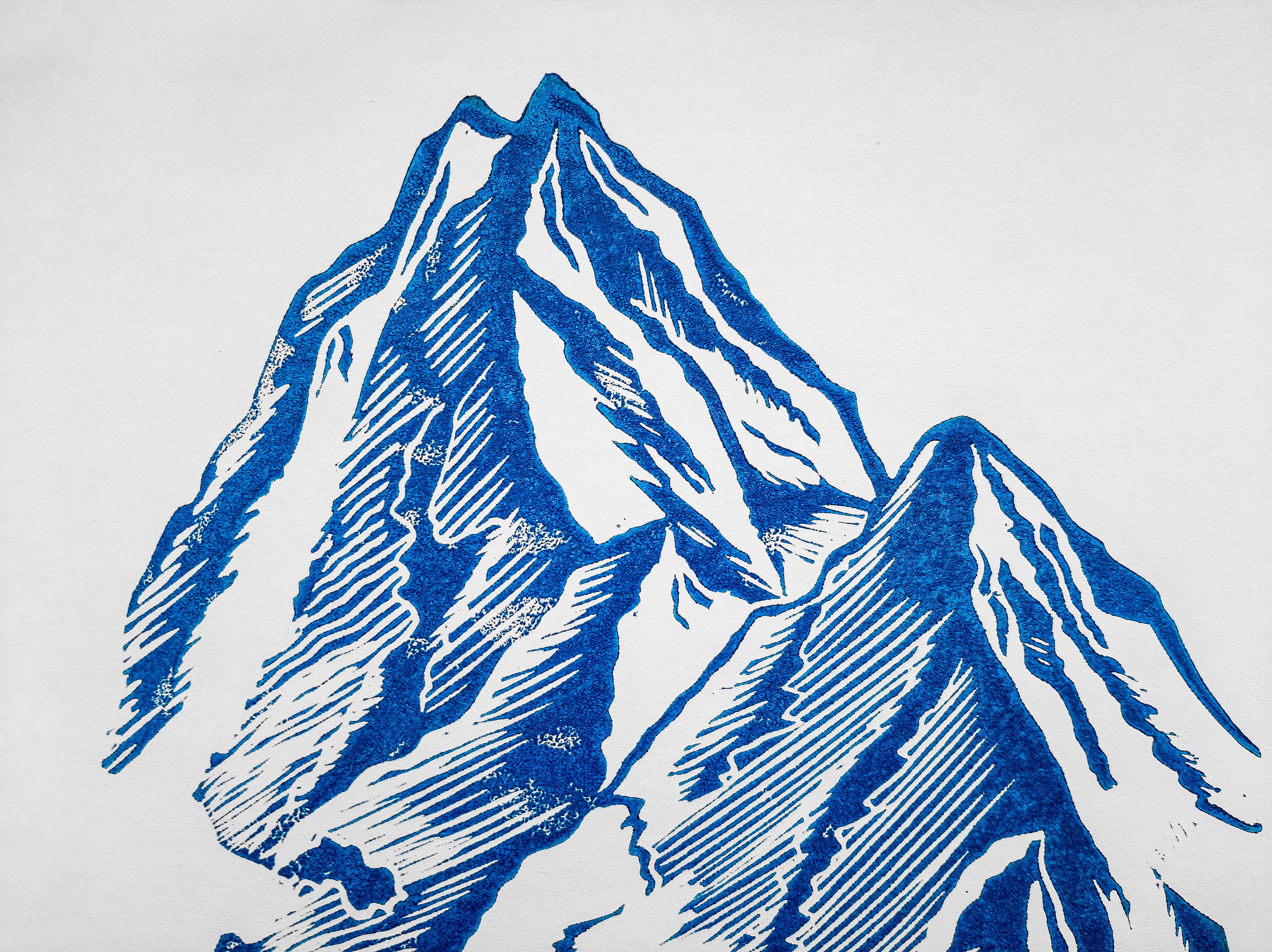 Blue mountain wall art and house Original linocut print | Etsy