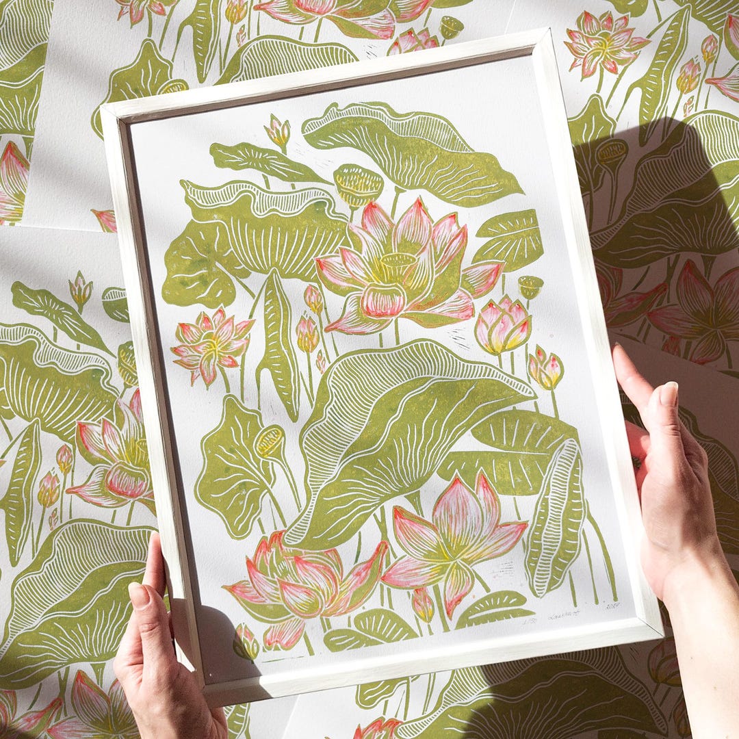 Botanical Linocut Print Lotus Watercolor Original Artwork Living Room ...