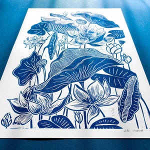 Blue Japanese Lotus Flower Plant Linocut Print Original Artwork Modern ...
