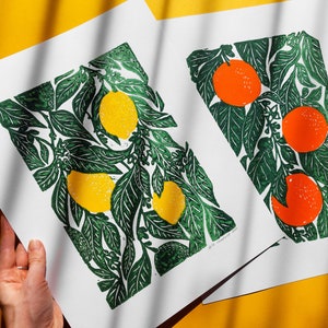 Set of 2 Prints Oranges and Lemons Original Linocut Print Botanical ...