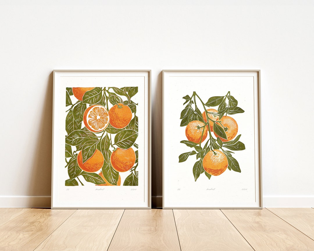 Printable Linocut Fruits Prints Vintage Sage Green Oranges Gallery Wall ...
