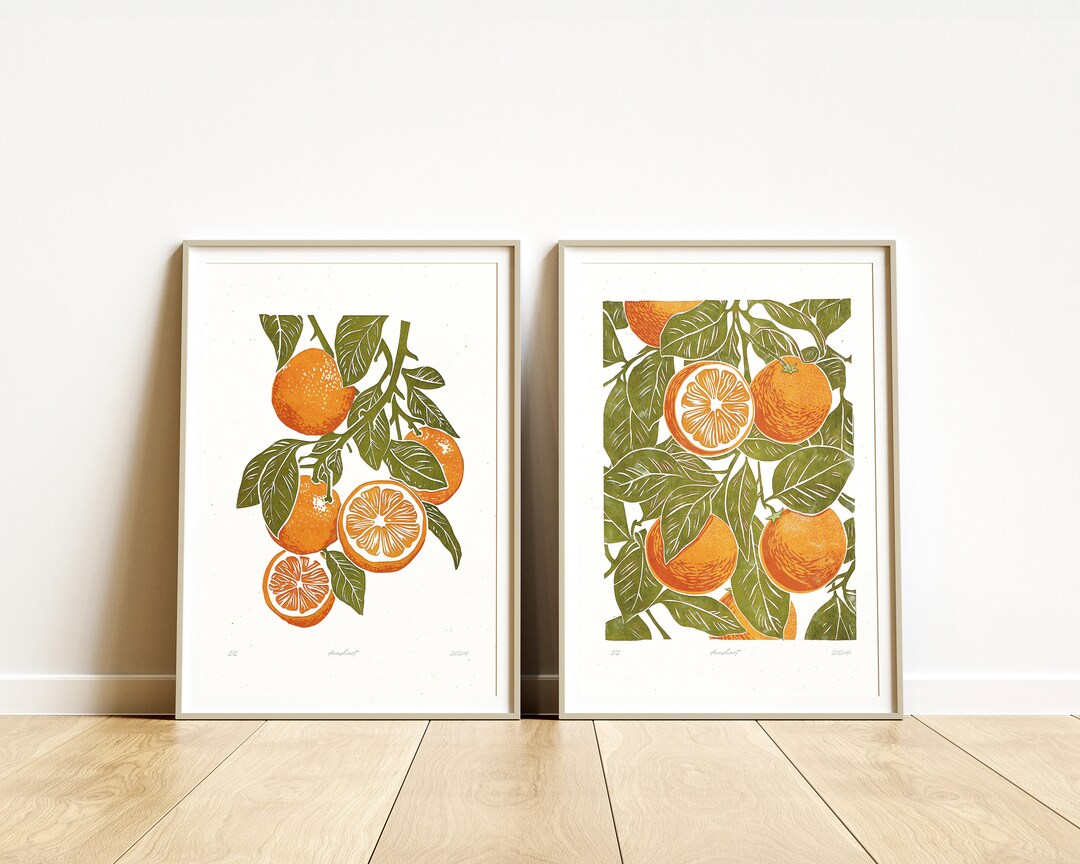 Printable Linocut Fruits Prints Sage Green Oranges Gallery Wall Set of ...