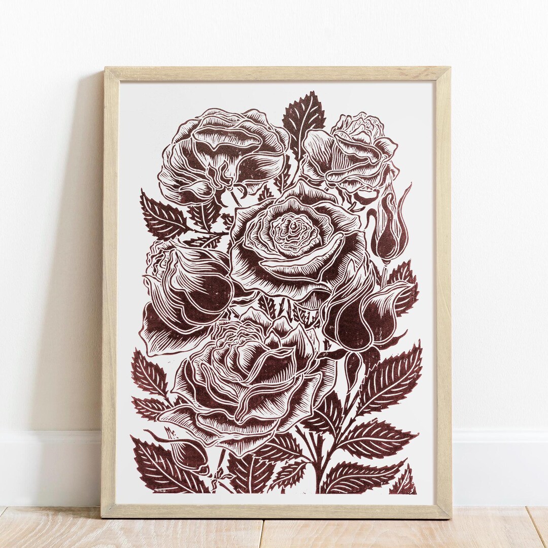 Living Room Decor Linocut Print Roses Botanical Wall Art Original ...