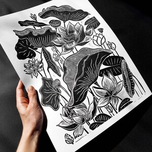 Blue Japanese Lotus Flower Plant Linocut Print Original Artwork Modern ...