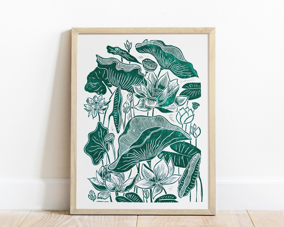 Green Lotus Flower Linocut Print Botanical Original Artwork Printmaking ...