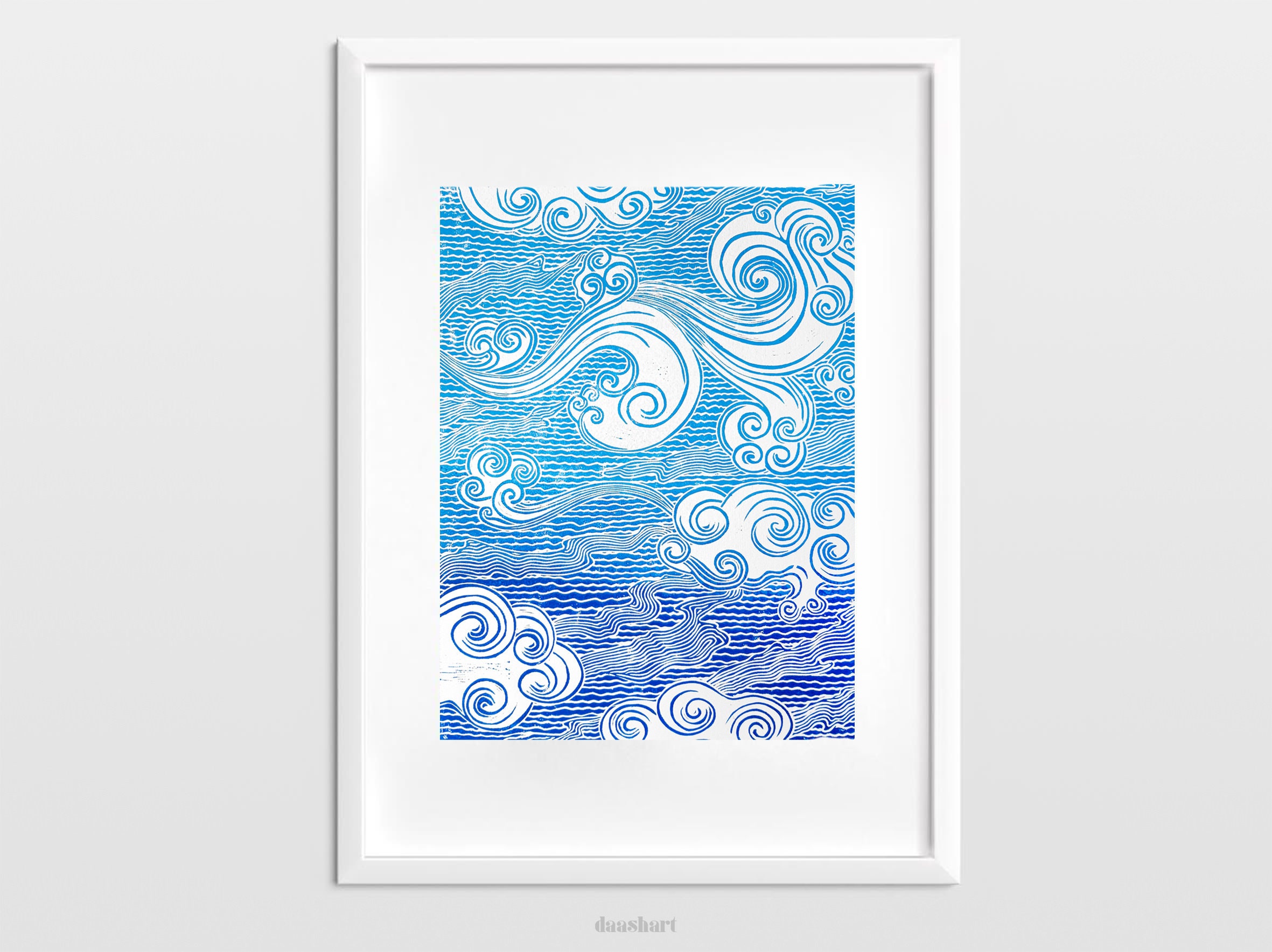 Linocut Print Blue Japanese Clouds Art Original Artwork | Etsy