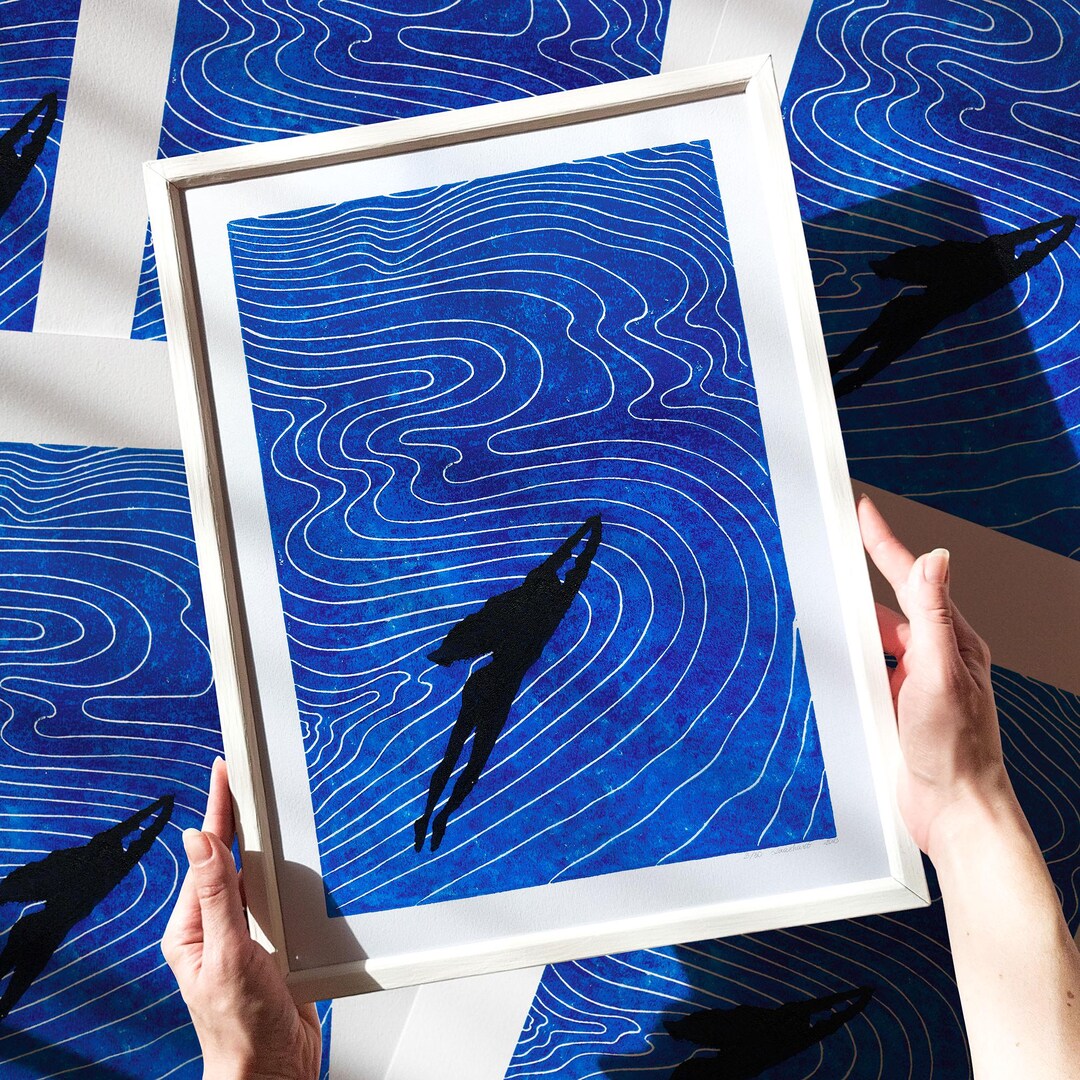 Linocut Print Girl Swimming Abstract Blue Water Original Artwork ...
