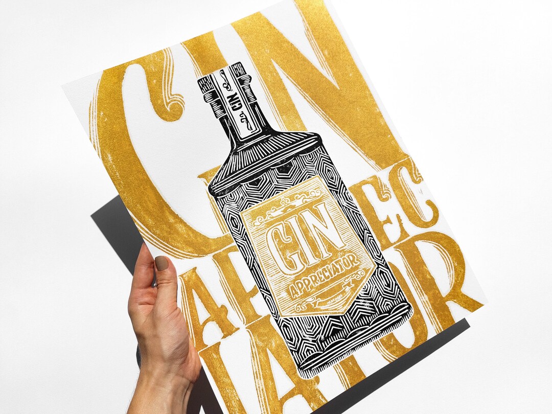 Gold Black Gin Bottle Appreciator Sign Linocut Print Original Relief ...