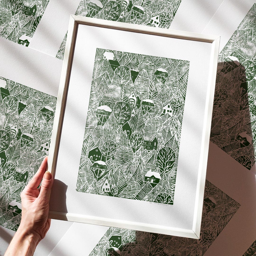 Summer Green Forest With House Linocut Print Original Artwork Village ...