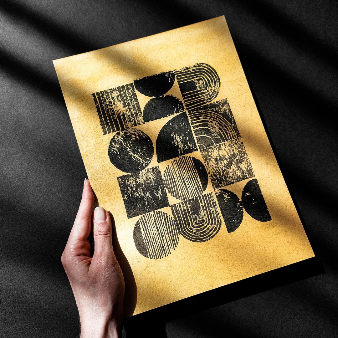 Mid Century Modern Gold Bauhaus Linocut Print Relief Texture Man Cave ...