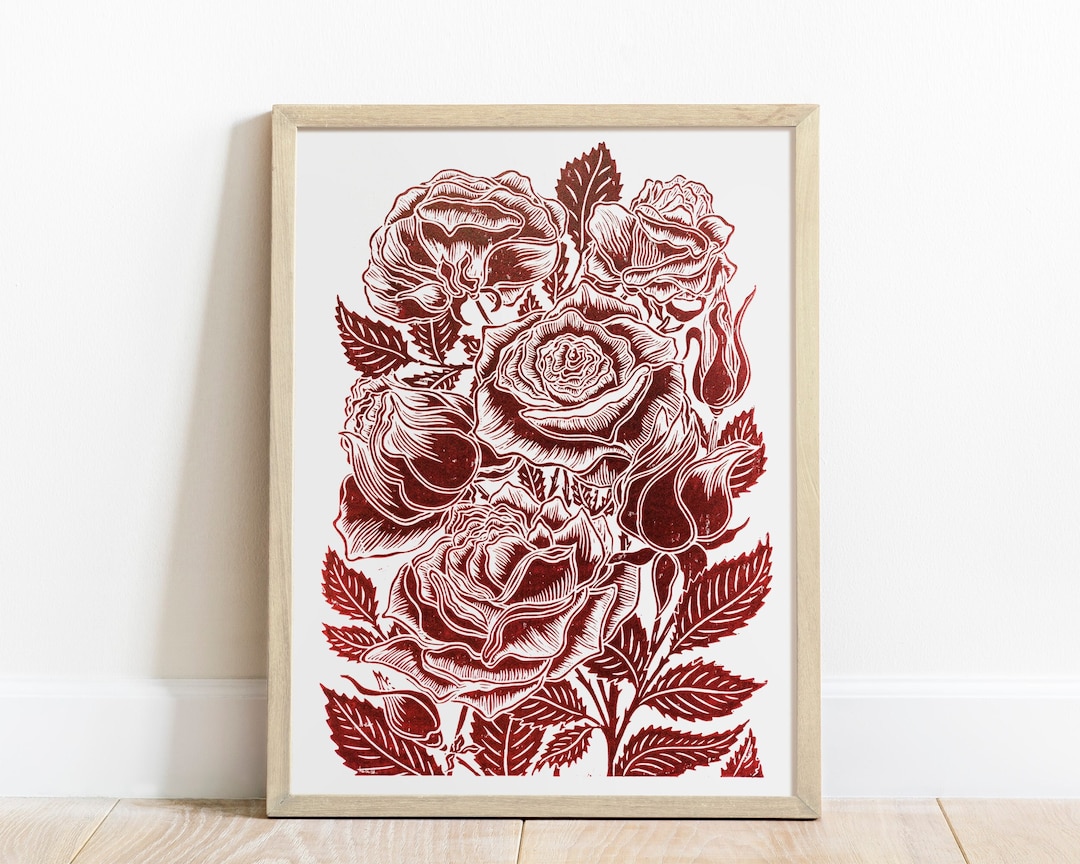 Linocut Print Burgundy Roses Flowers Wall Art Botanical - Etsy