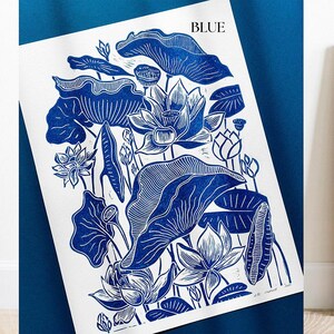 Blue Japanese Lotus Flower Plant Linocut Print Original Artwork Modern ...