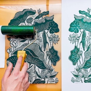 Japanese Lotus Flower Linocut Print Botanical Original Artwork ...