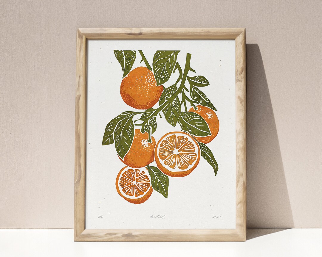Printable Linocut Fruits Prints Sage Green Branch Oranges Wall Art ...