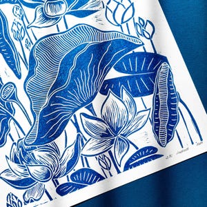 Blue Japanese Lotus Flower Plant Linocut Print Original Artwork Modern ...