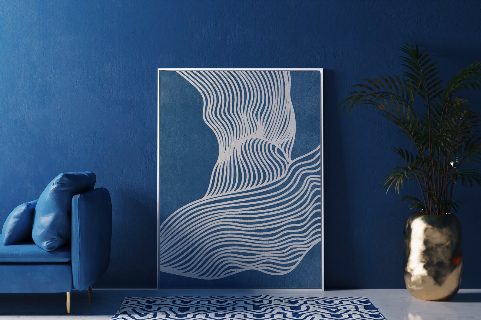 Navy Blue Poster Abstract Line Art Printable Trendy Living | Etsy