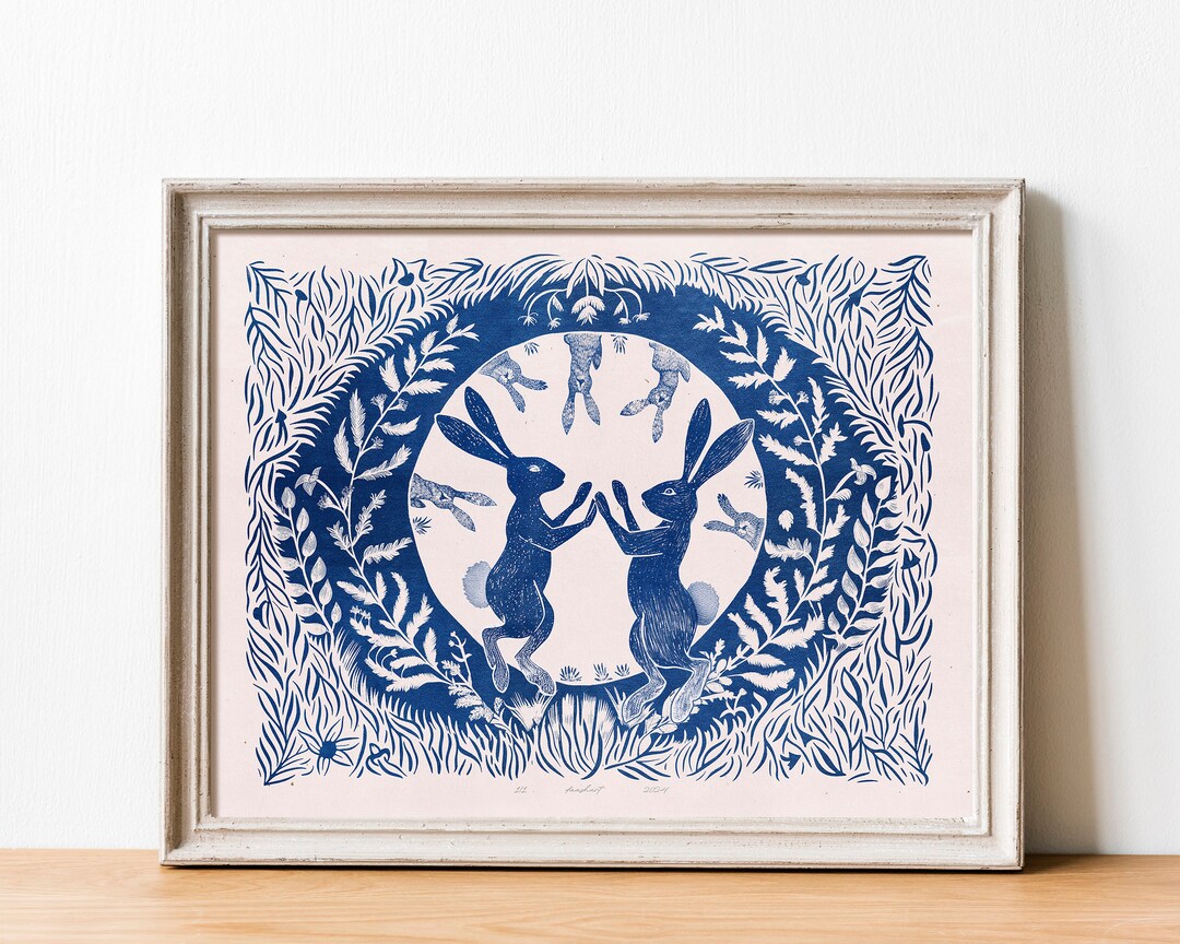 Printable Linocut Prints Dark Blue Dancing Rabbits Floral Plant Texture ...