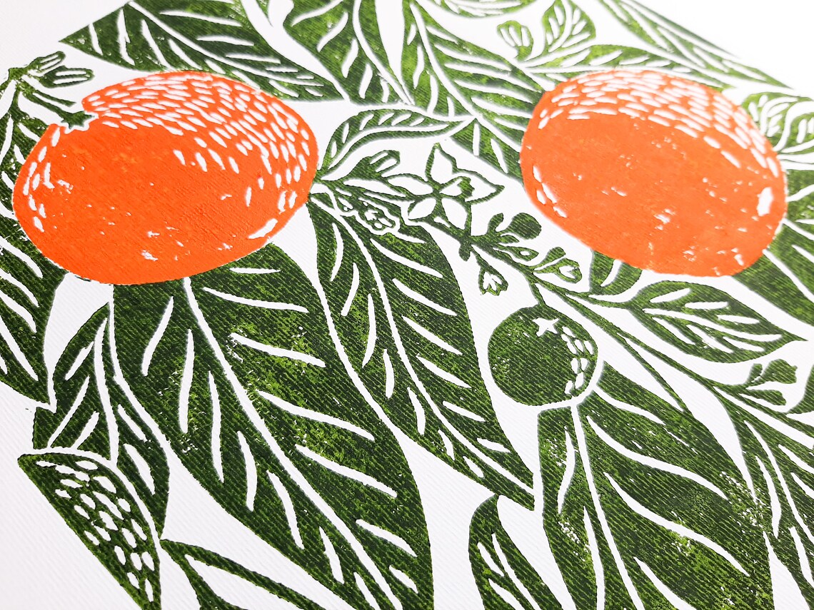 Original linocut print Oranges artwork Botanical kitchen wall | Etsy
