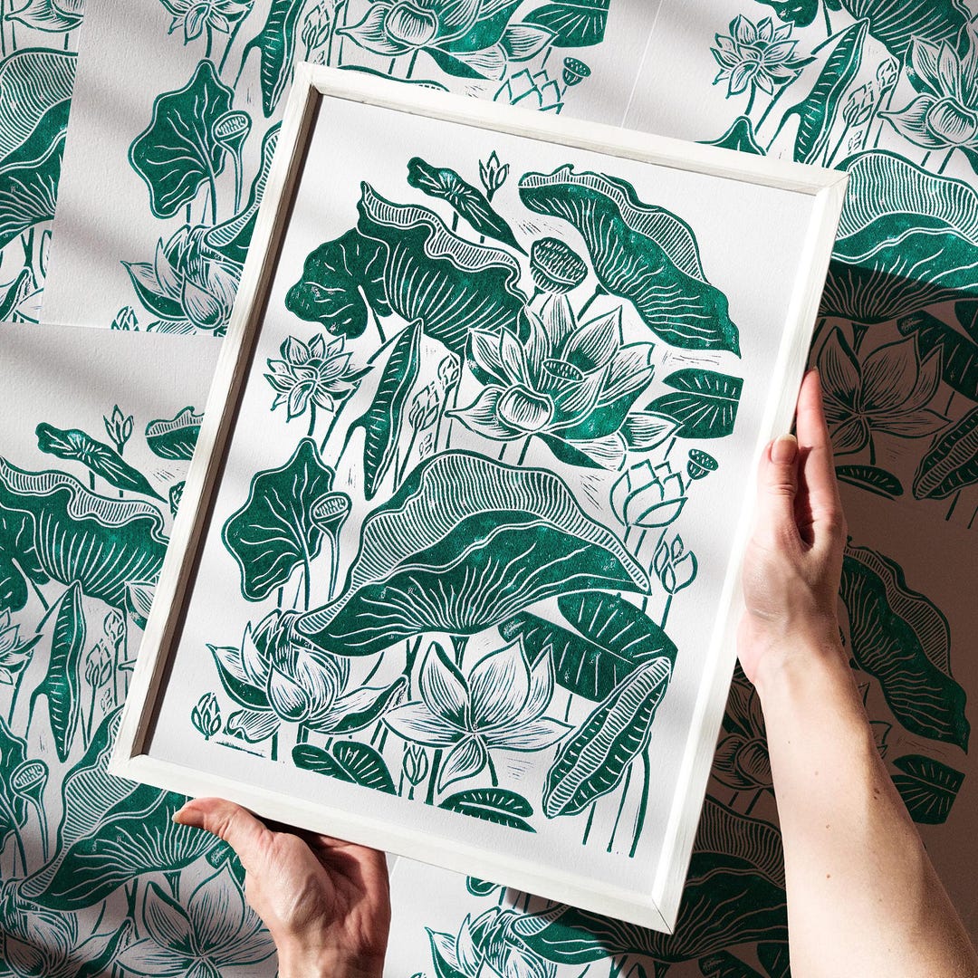 Japanese Lotus Flower Linocut Print Botanical Original Artwork ...