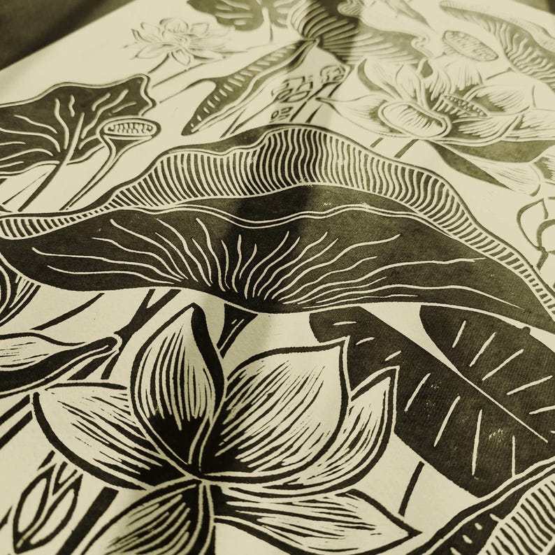 Retro Cottagecore Lotus Flowers Leaves Linocut Print Sage Green Floral ...