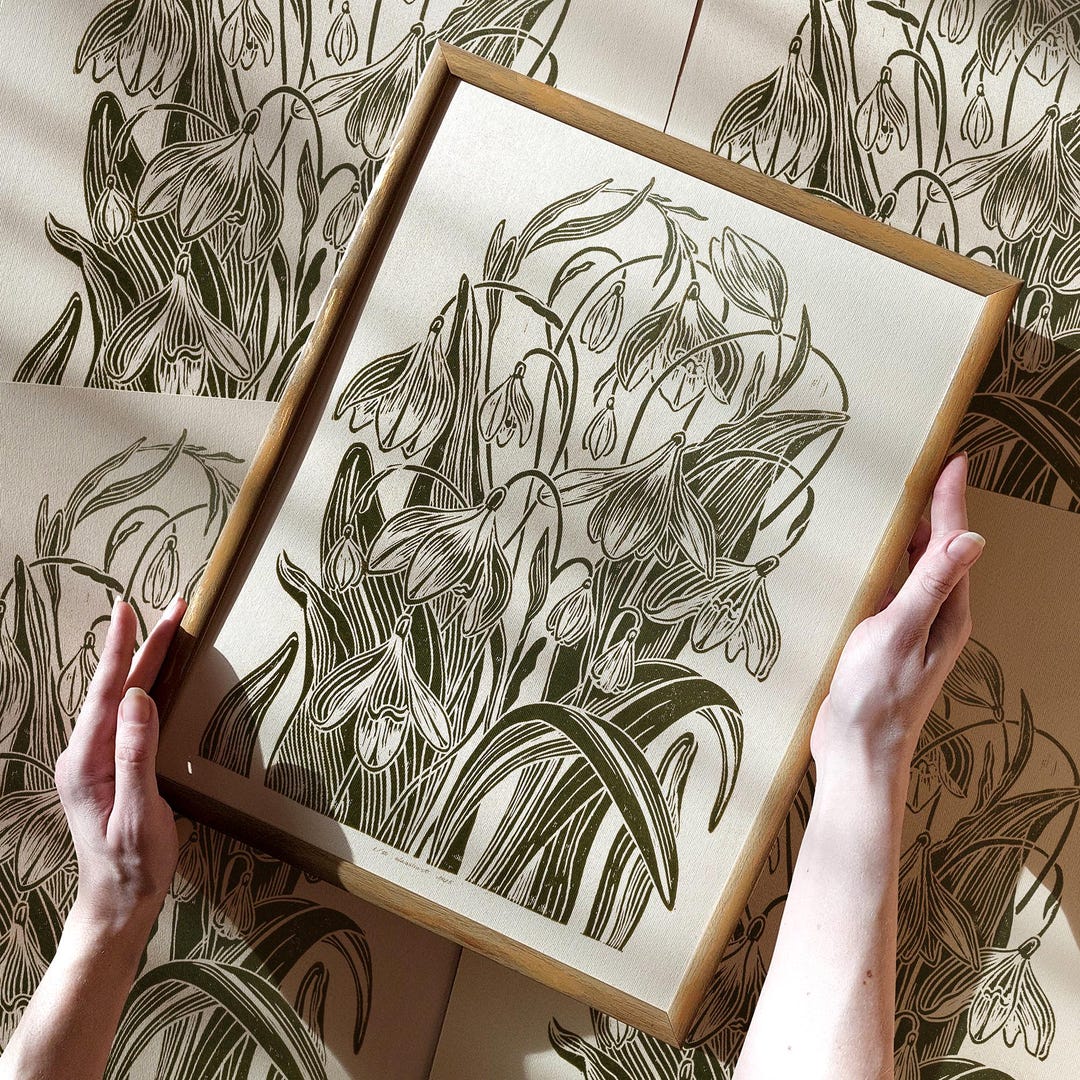 Vintage Snowdrop Flower Linocut Print Floral Lino Original Artwork ...