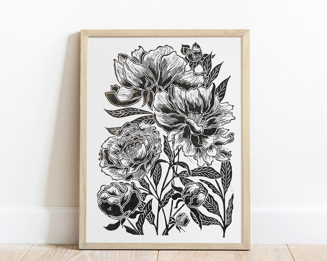 Linocut Print Black Peony Flowers Original Artwork Wall Art Botanical ...