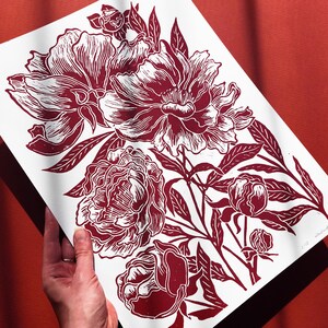Botanical Linocut Print Gold Peonies Flower Original Artwork ...