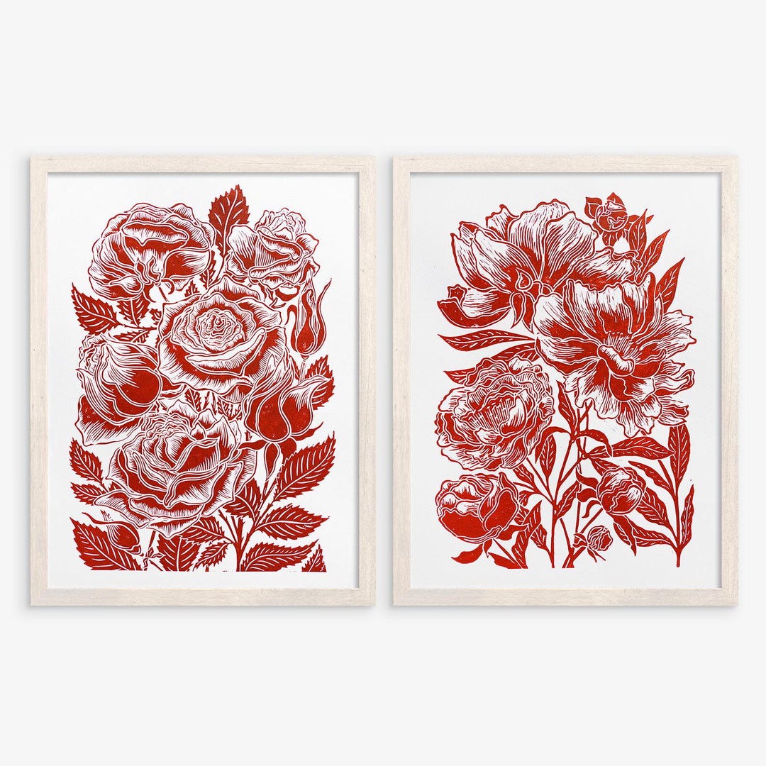 Linocut Print Gallery Set of 2 Artworks Burgundy Roses Flower Linoprint ...