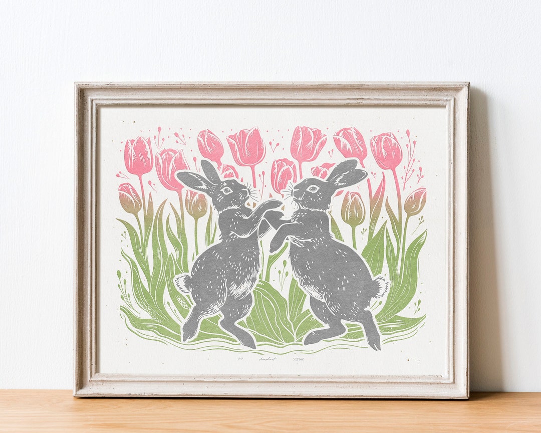 Printable Linocut Prints Dancing Rabbits With Tulips Flower and Plant ...