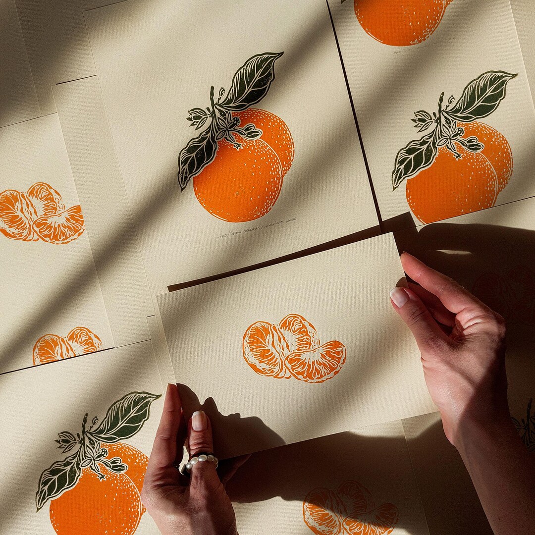 Vintage Clementine Slice Fruits Linocut Print Mini Gallery Wall Set of ...