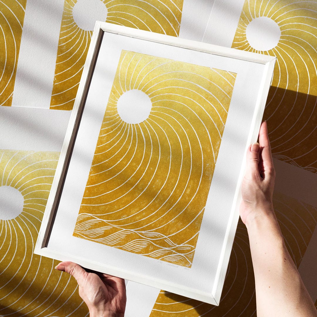 Linocut Print Gold Boho Sun and Waves Wall Art Lino Print Living Room ...