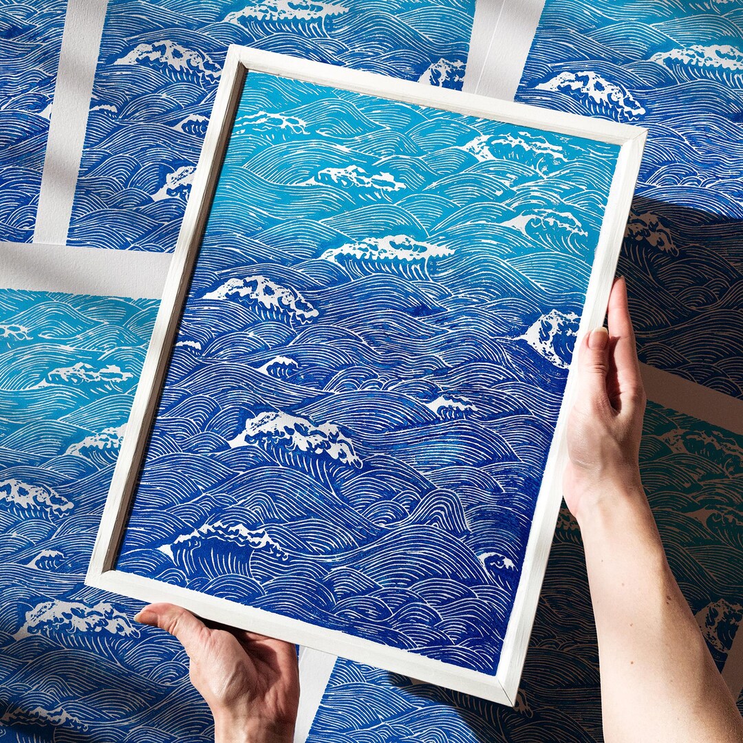 Original Ocean Linocut Print Blue Waves Art Nautical Wall Decor ...