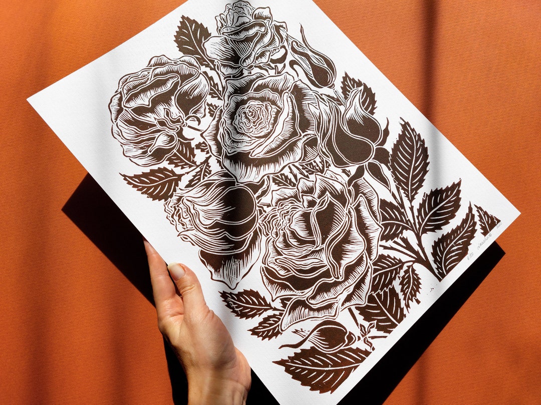 Brown Botanical Linocut Print Rose Flowers Original Printmaking Artwork ...
