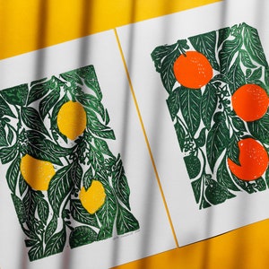 Set of 2 Prints Oranges and Lemons Original Linocut Print Botanical ...