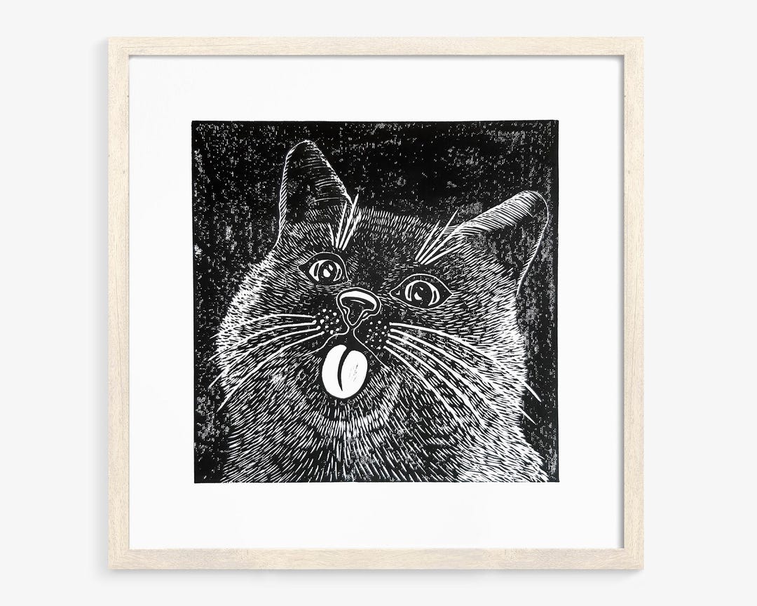 Linocut Print Black Funny Portrait Cat Original Artwork Relief ...
