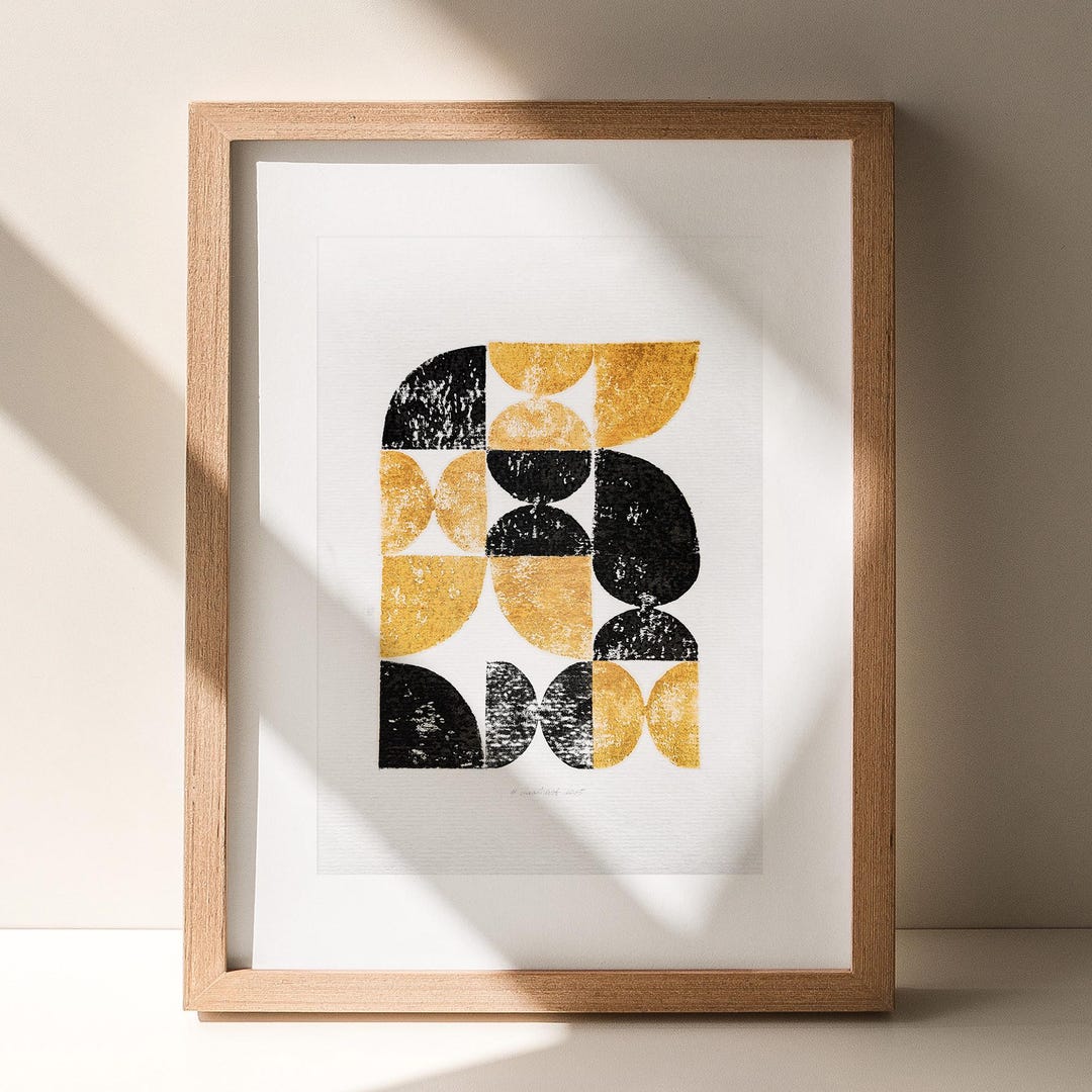 Bauhaus Linocut Print Mid Century Modern Gold Relief Texture Man Cave ...